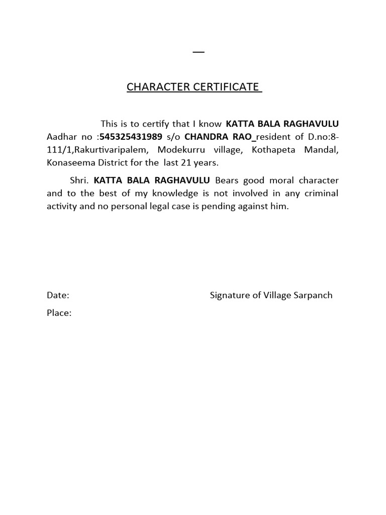 Character Certificate | PDF