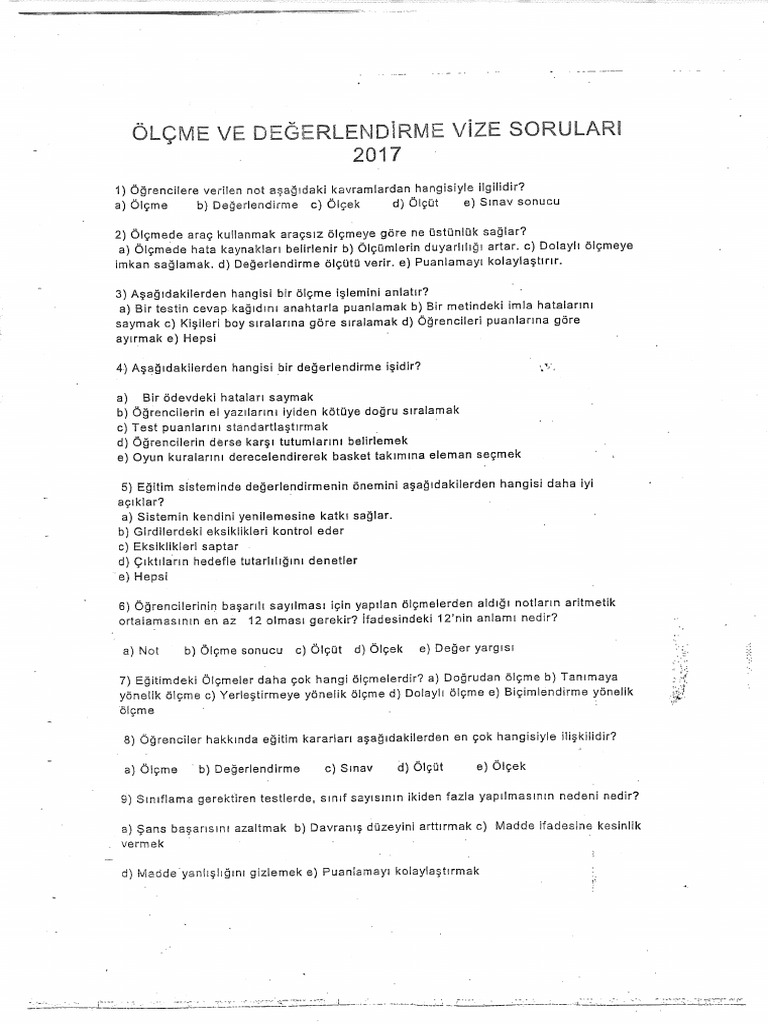ölçme ve değerlendirme vize soruları | PDF