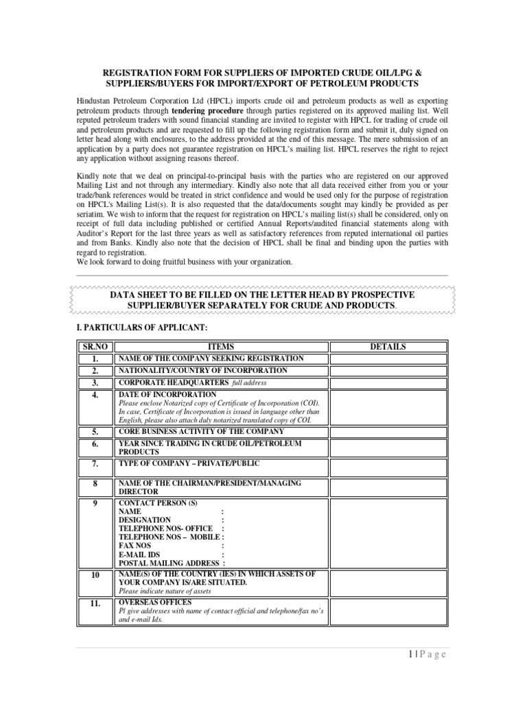 HPCL Counterparty Registration Form - Crude Products | PDF | Petroleum ...