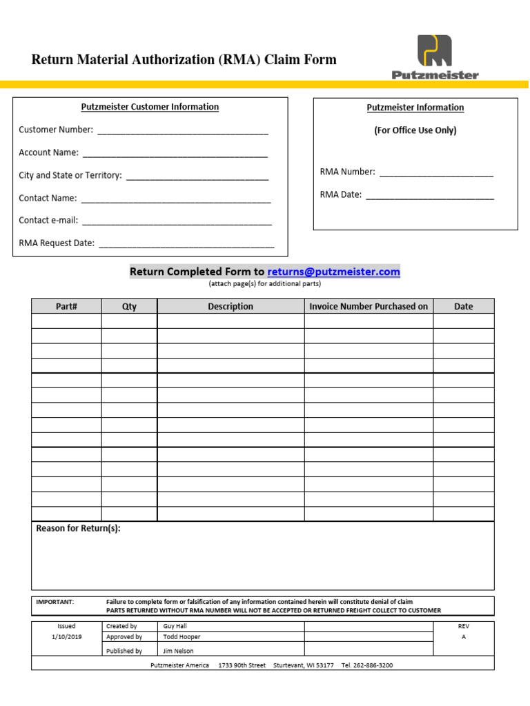 Putzmeister RMA Claim Form Guide | PDF | Receipt | Manufactured Goods