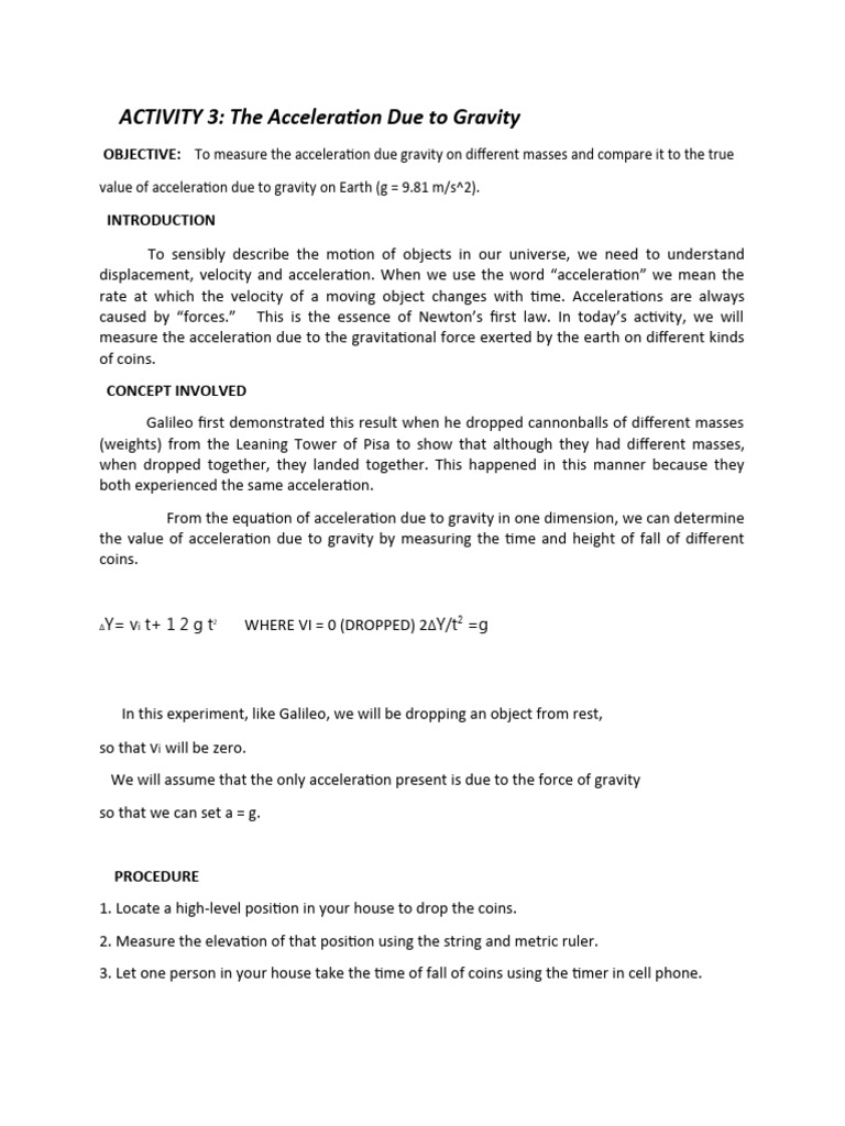 Activity 3 - Free Fall | PDF | Gravity | Force