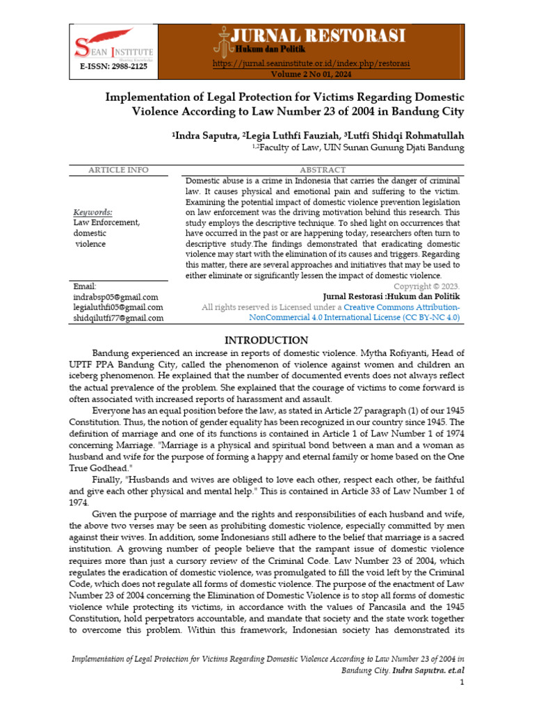 Implementation of Legal Protection For Victims Regarding Domestic ...