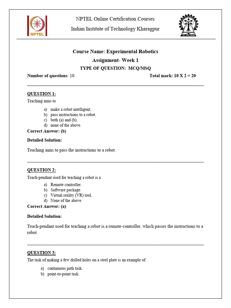 Assignment - 2024 - Week - 1 - With Solution | PDF | Robot | Robotics