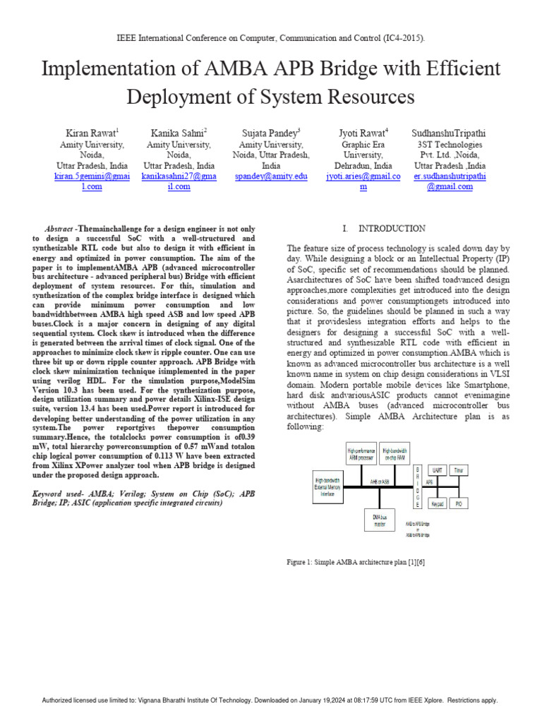 Implementation of AMBA APB Bridge With Efficient Deployment of System Resources | Download Free ...