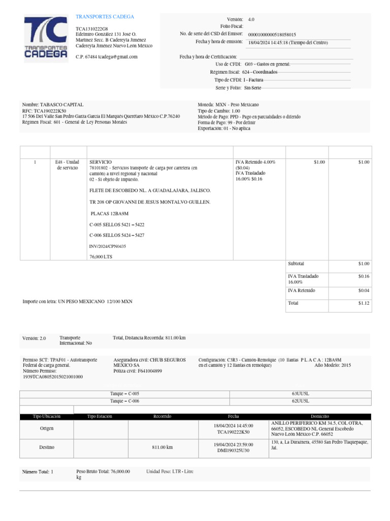 Carta Porte TR-208 Giovanni Montalvo Guadalajara, Jal. 18-04-24 | PDF