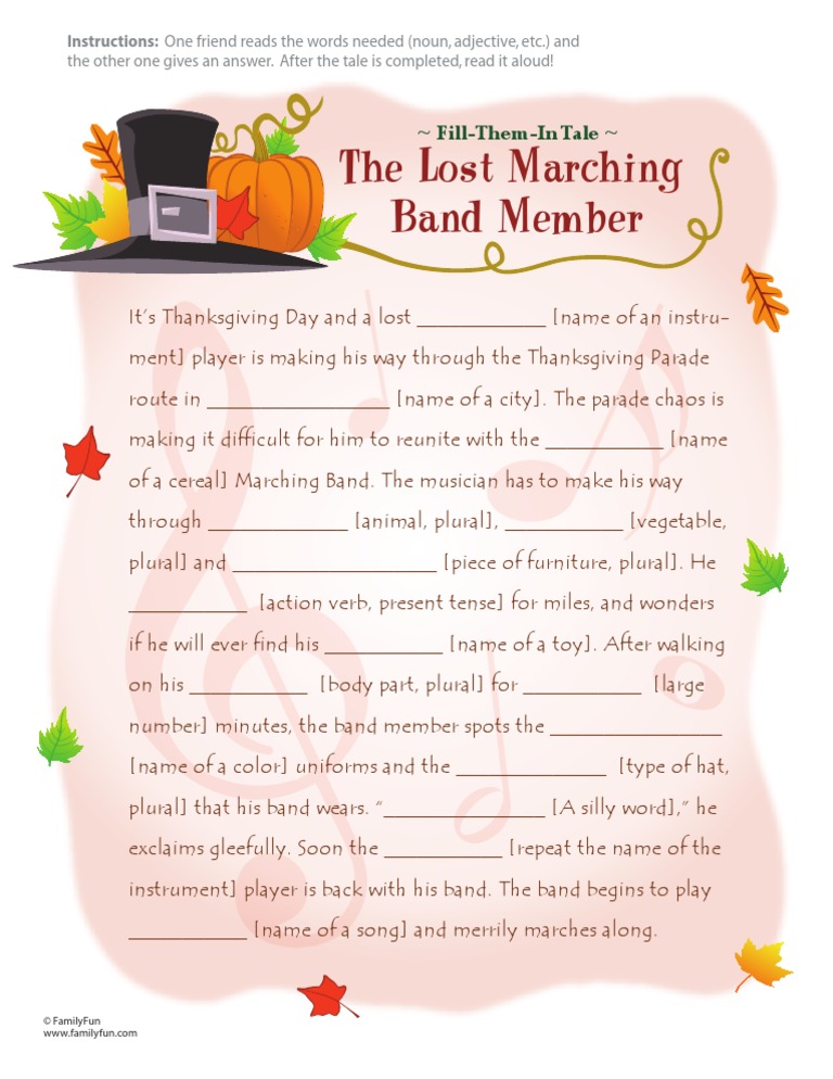 Thanksgiving Fill in The Blank Story | PDF | Language Arts & Discipline ...