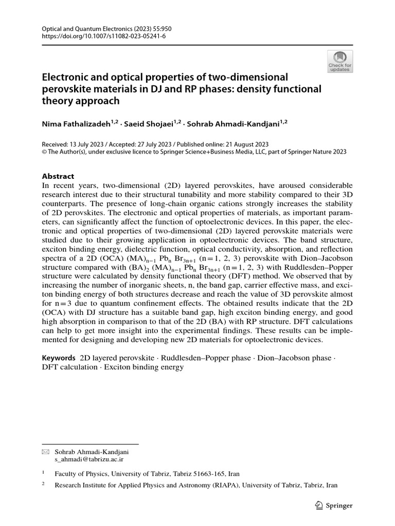 Electronic and optical properties of two-dimensional perovskite materials in DJ and RP phases ...