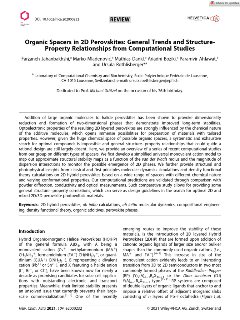 Organic Spacers in 2D Perovskites General Trends and Structure-Property ... Organic Spacers in 2D Perovskites General Trends and Structure-Property ...