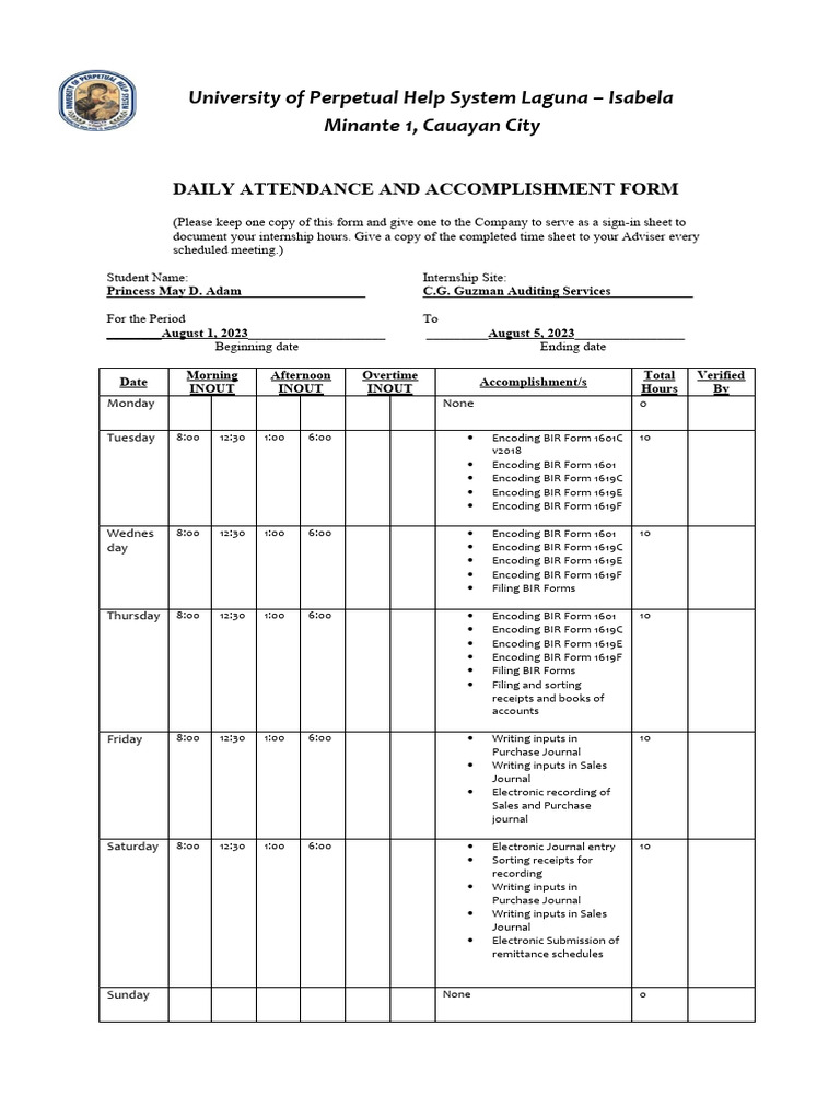 Internship Attendance & Accomplishments Log | PDF | Government Finances | Payments