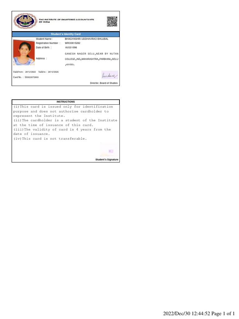 ICAI Student ID Card Details | PDF