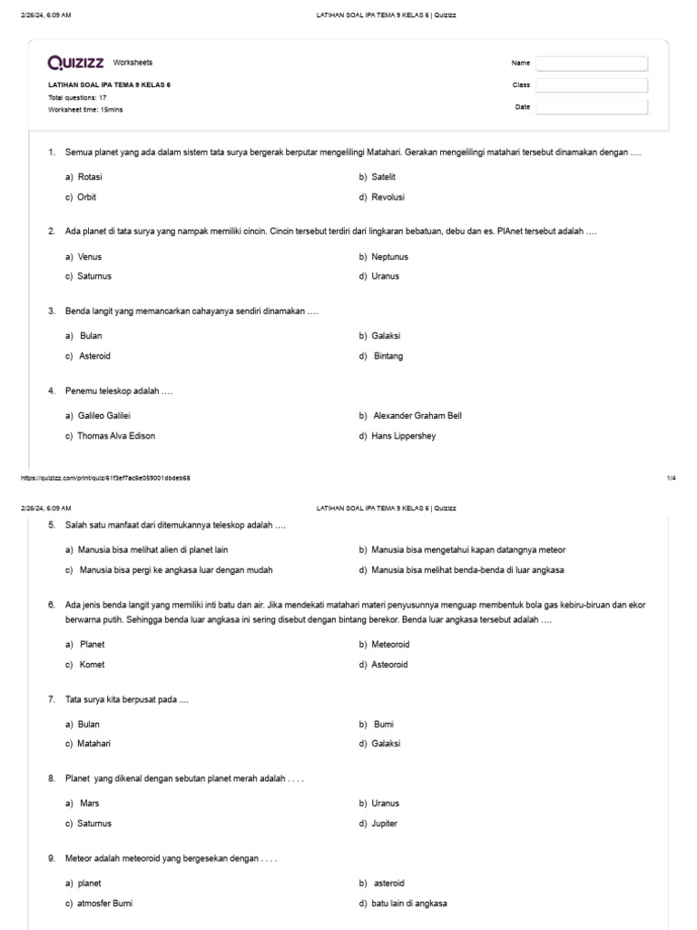 LATIHAN SOAL IPA TEMA 9 KELAS 6 - Quizizz | PDF