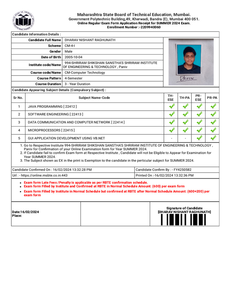 Exam Form Application of Candidate For | PDF | Computer Science | Computing