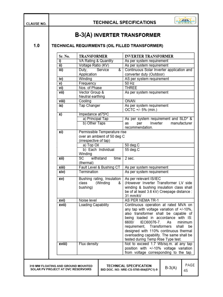 Inverter Transformer Specifications for Solar PV | PDF | Transformer ...