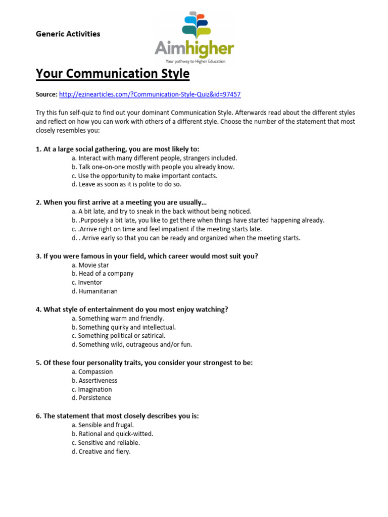 Your Communication S Your Communication Style: Generic Activities | PDF ...