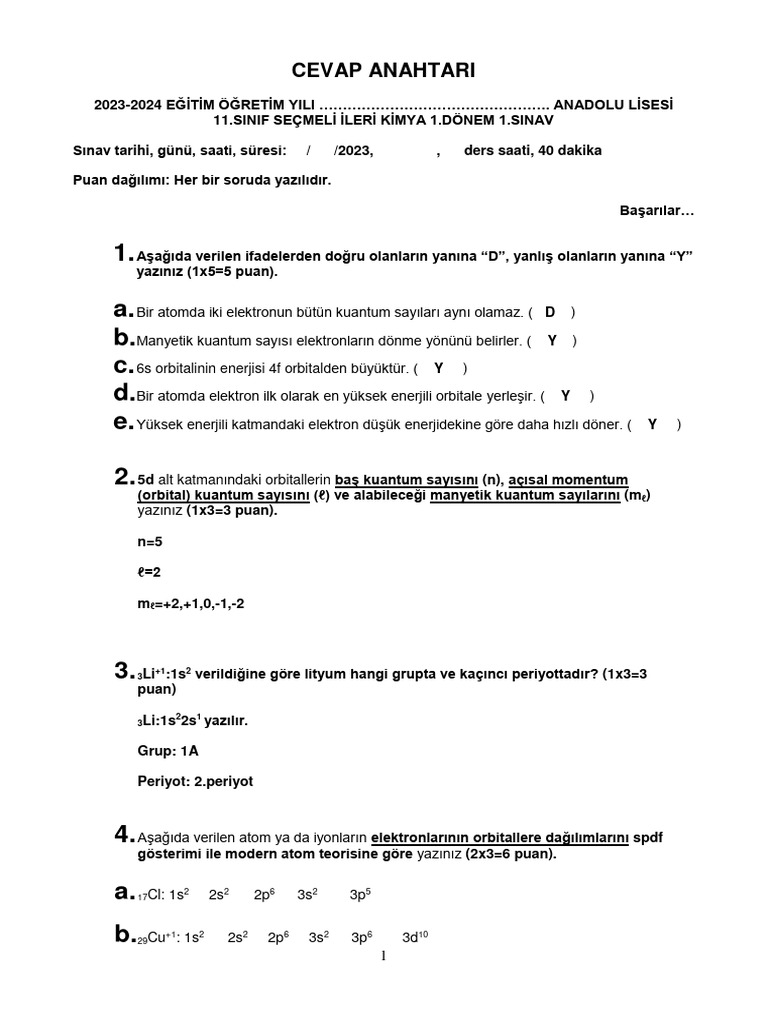 Sinif Ki̇mya 1. Dönem 1. Yazili (Cevap Anahtari) | PDF