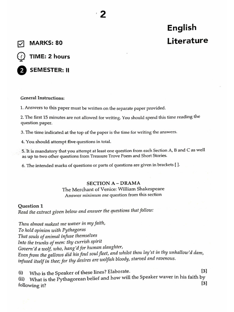 Icse English Literature Model Question Paper | PDF