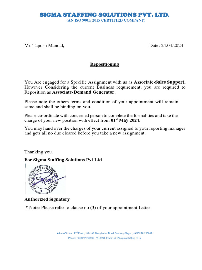 Taposh Mandal RePositioning Letter | PDF