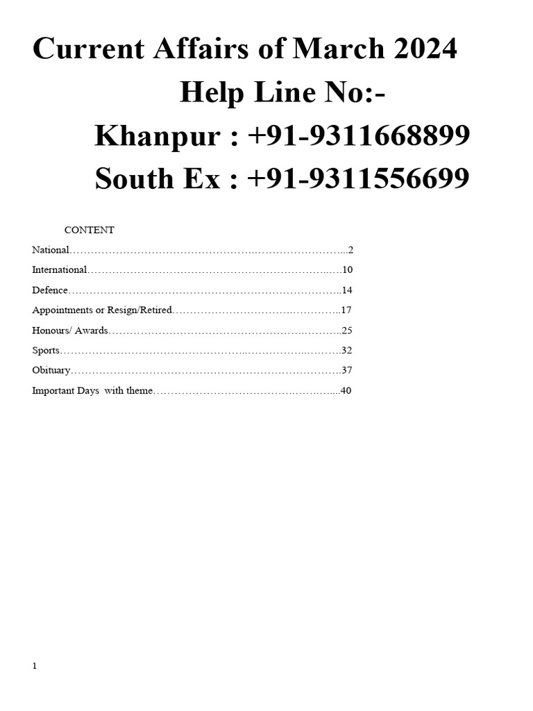 March 2024 Current Affairs Highlights | PDF | Computers