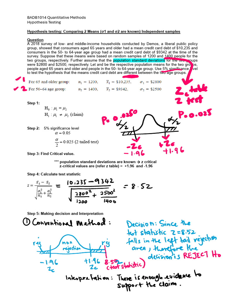 BADB1014 QM Hypothesis Testing Examples of Comparing 2 Means 2 | PDF ...