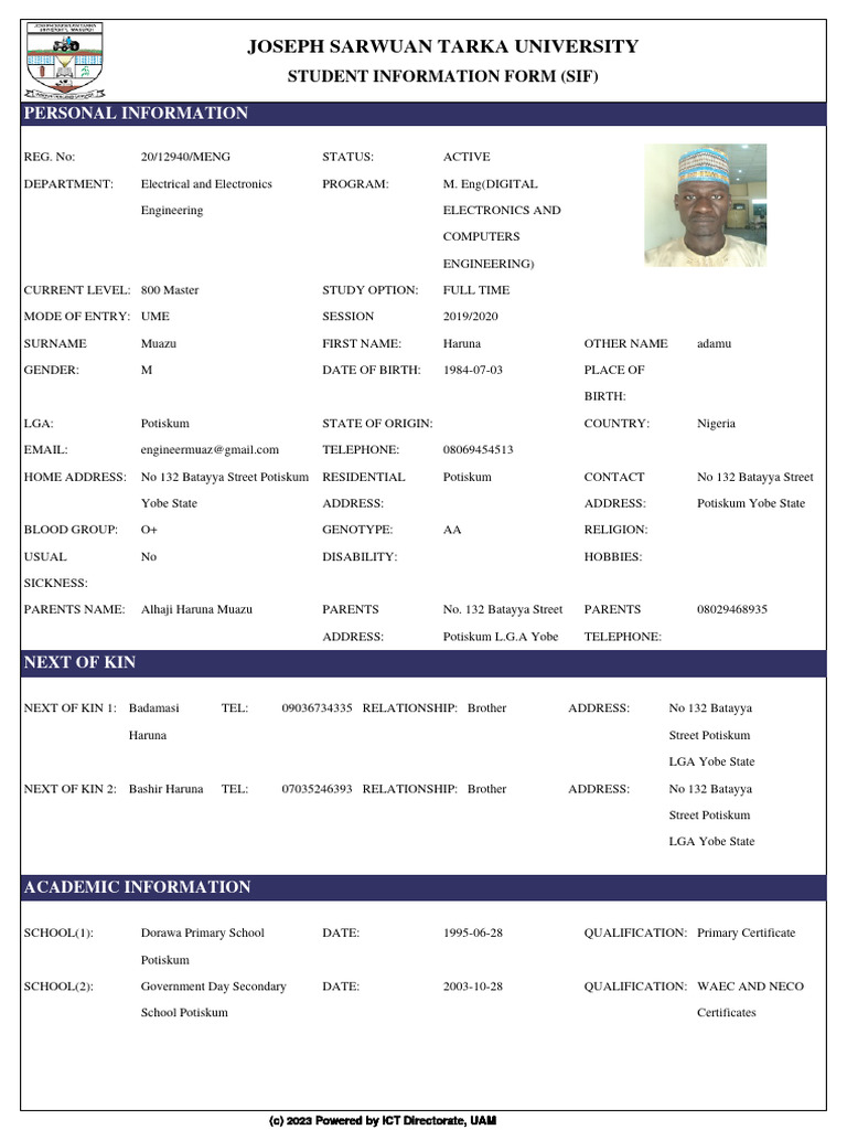 Joseph Sarwuan Tarka University: Student Information Form (Sif) | PDF ...