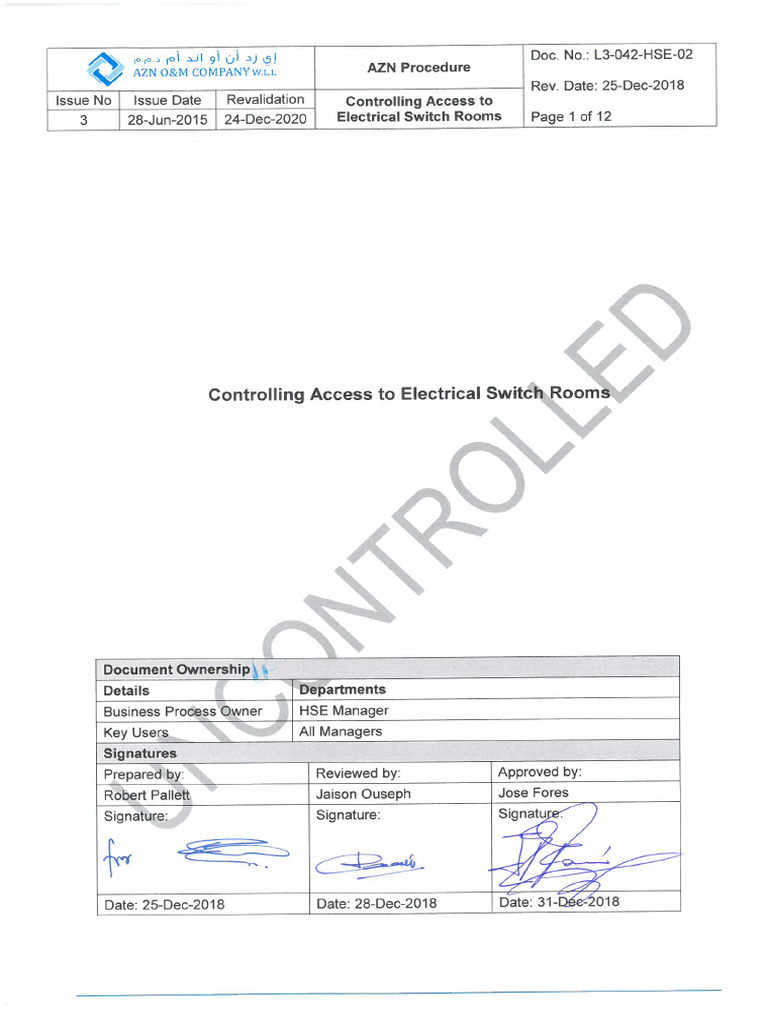 L3-042-HSE-01 Controlling Access To Electrical Switch Rooms | PDF ...
