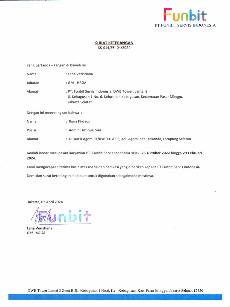 Surat Keterangan - Rona Firdaus - PT Funbit Servis Indonesia | PDF