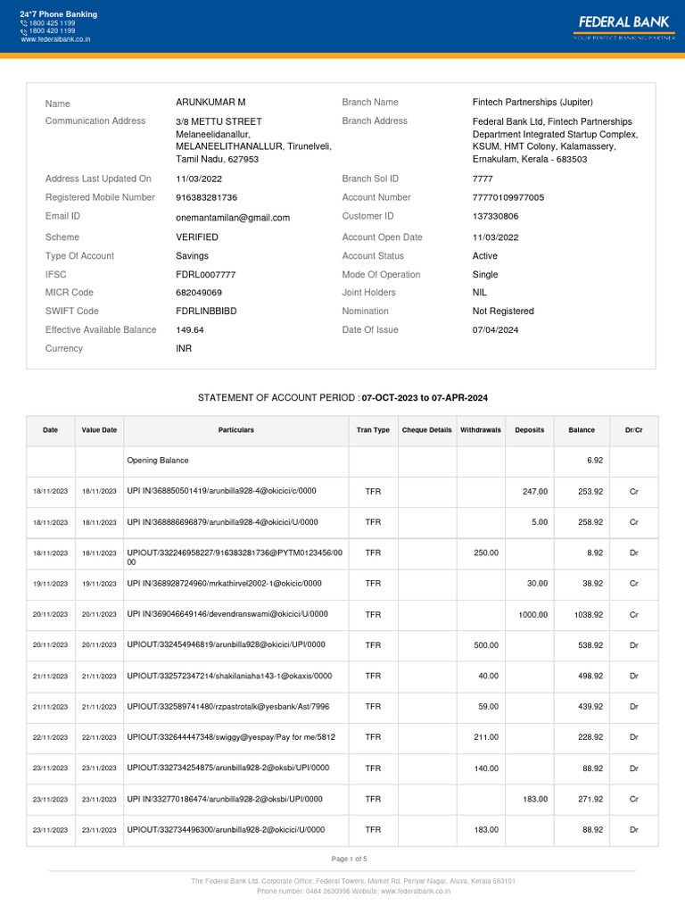 Federal Bank Savings Account Statement | PDF | Banks | Cheque