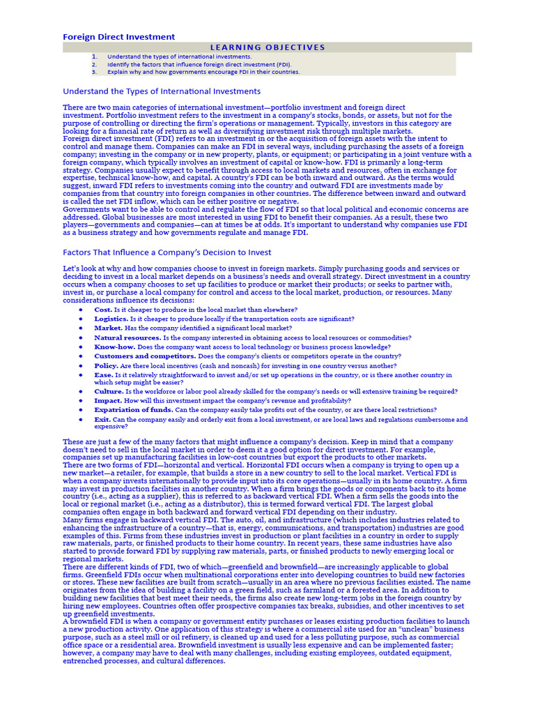 International Trade and Foreign Direct Investment | PDF | Foreign ...