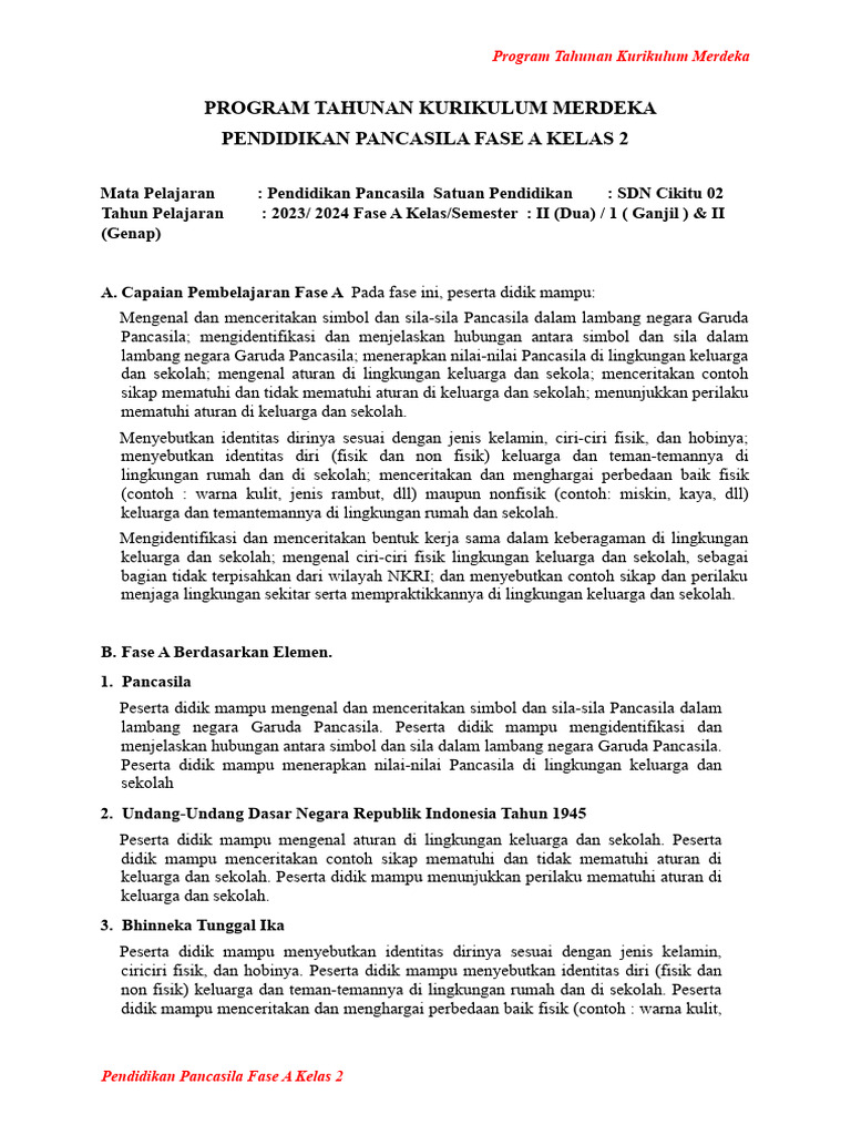 Program Tahunan Kurikulum Merdeka Pendidikan Pancasila Fase A Kelas 2 | PDF