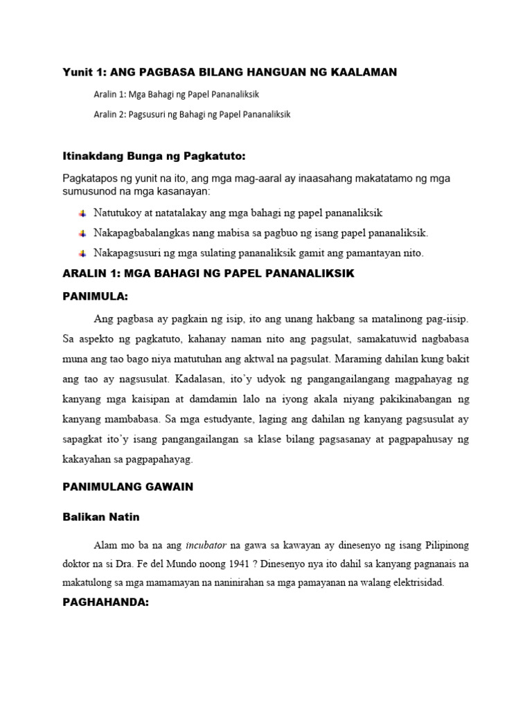 Aralin 1 Notes MGA BAHAGI NG PAPEL PANANALIKSIK | PDF