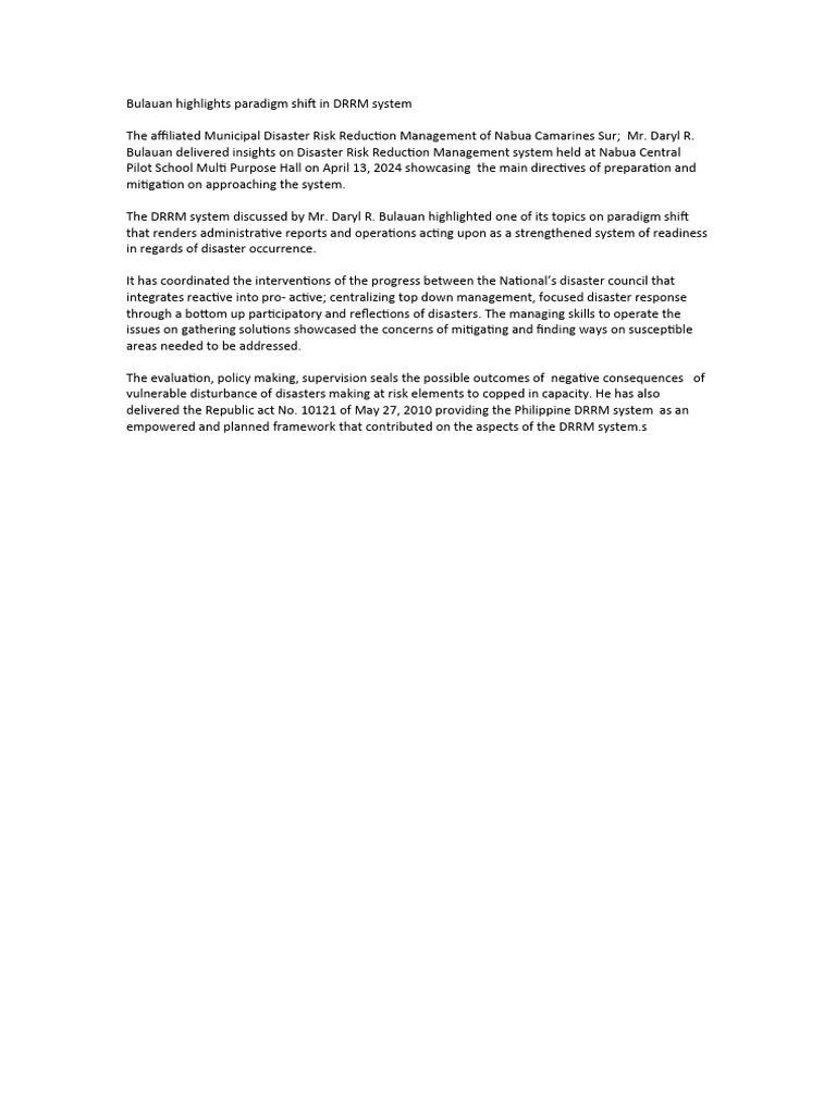Bulauan Highlights Paradigm Shift in DRRM System | PDF