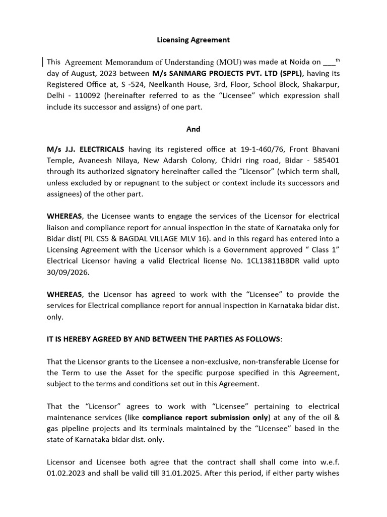 Electrical Licensing Agreement | PDF | License | Contract Law