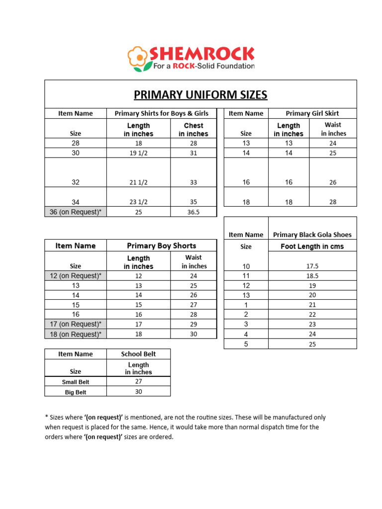 Primary School Uniform Size Guide | PDF