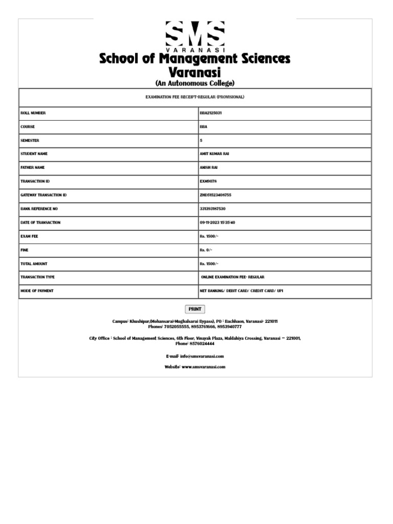 SMS Varanasi BBA Exam Fee Receipt | PDF