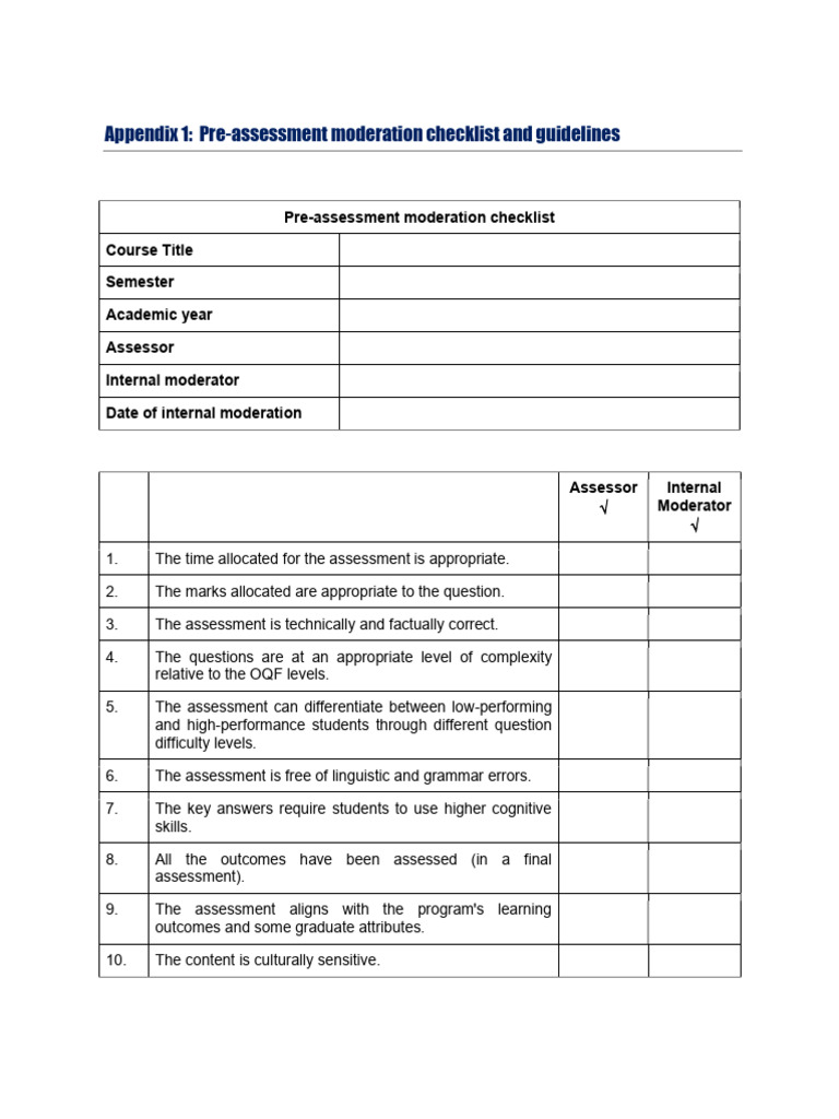 Pre-Assessment Moderation Checklist | PDF | Learning | Cognitive Science