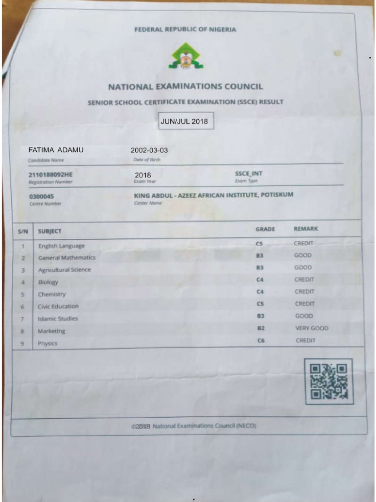 Fatima Adam SSCE | PDF