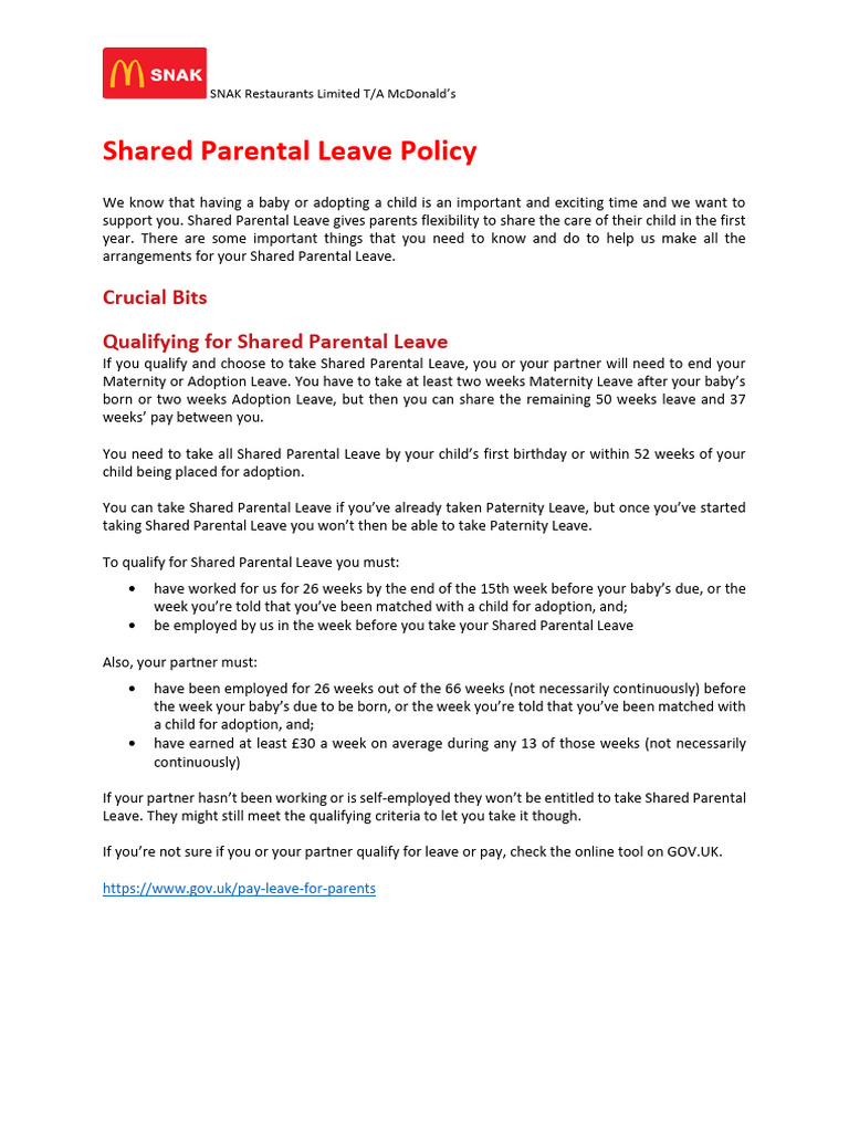 Shared Parental Leave Policy - Snak | PDF | Parental Leave | Childbirth
