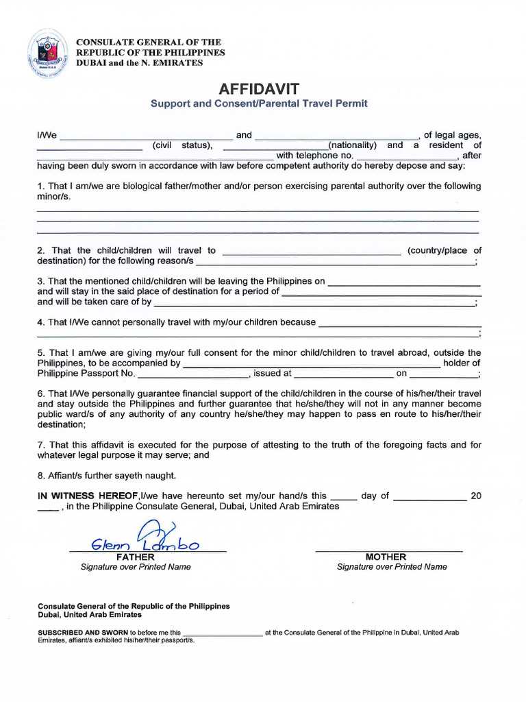 Affidavit of Consent To Travel | PDF