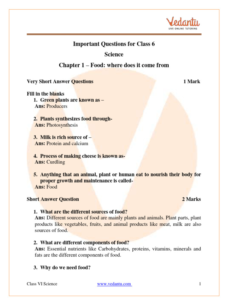 CBSE Class 6 Science Chapter 1 Food_ Where Does It Come From_ Important ...