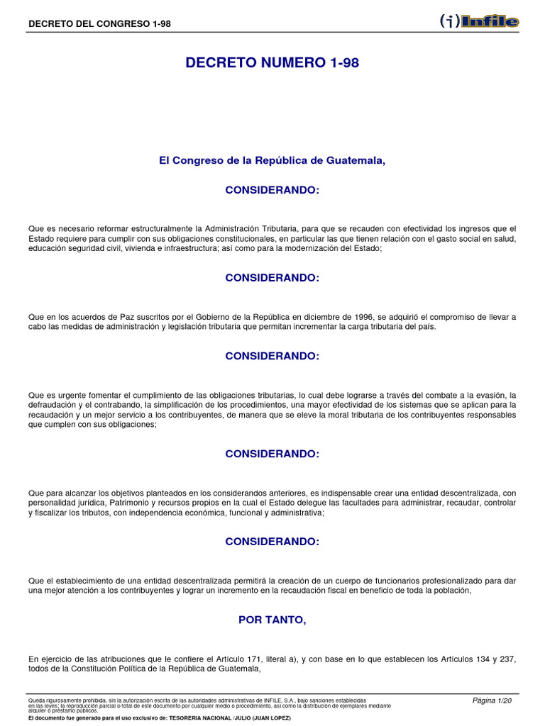 Decreto Del Congreso 1-98 | PDF | aduana | Presupuesto