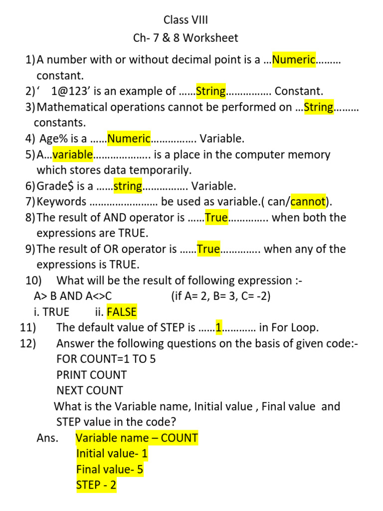 Class Viii Worksheet Ch 7 8 Pdf