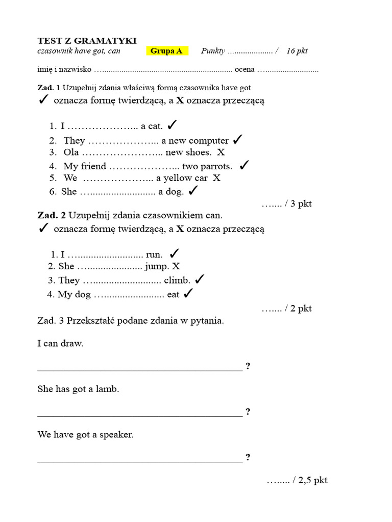 Test Have Got, Can - Grupa A | PDF