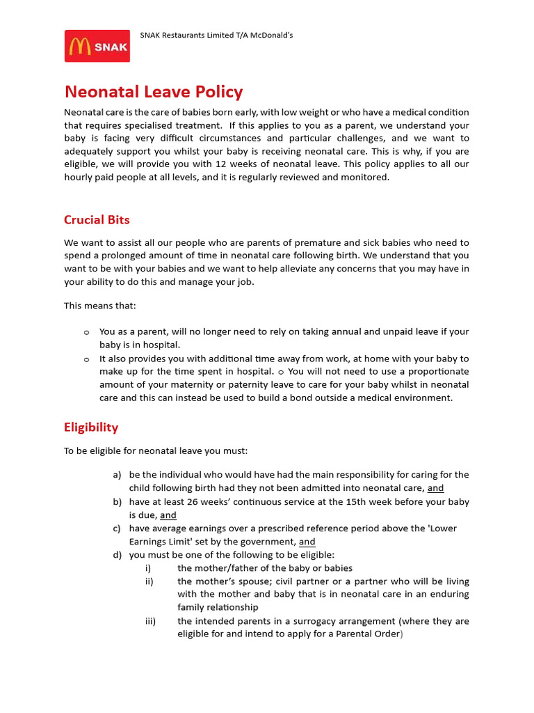 Snak Neonatal Leave Policy - Updated 08 | PDF | Infants | Parental Leave