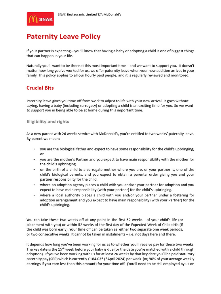 Snak Paternity Leave Policy - Updated 08 | PDF | Parental Leave | Life ...