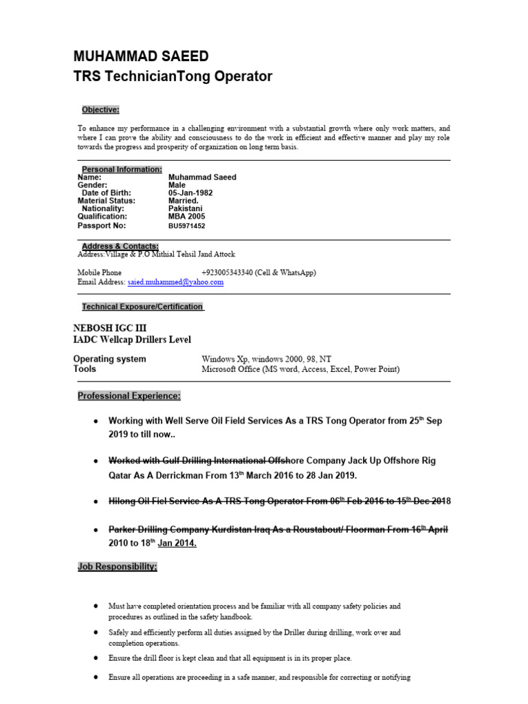 Saeed TRS Operator CV 2022 | PDF | Occupational Safety And Health | Safety