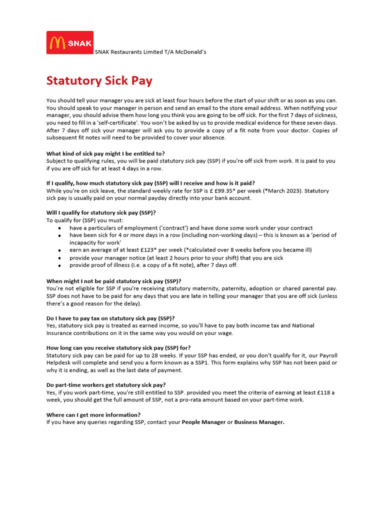McDonald's UK Statutory Sick Pay Guide | PDF | Sick Leave | Business