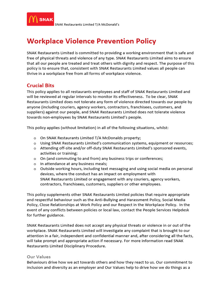 Workplace Violence Prevention Policy Operations - Snak | PDF | Sexual ...