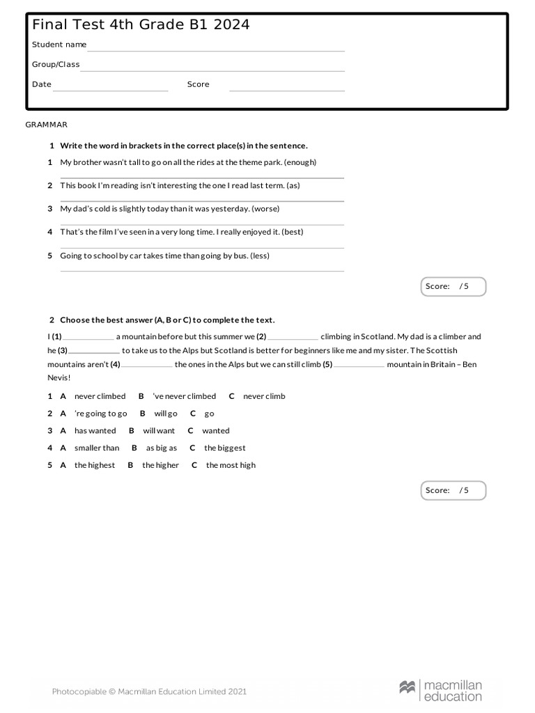4th Grade Final Test 2024 Pdf Restaurants Chef