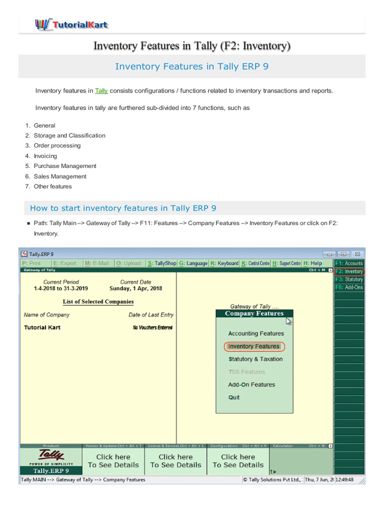 Tally ERP 9 Inventory Features Overview | PDF | Inventory | Invoice