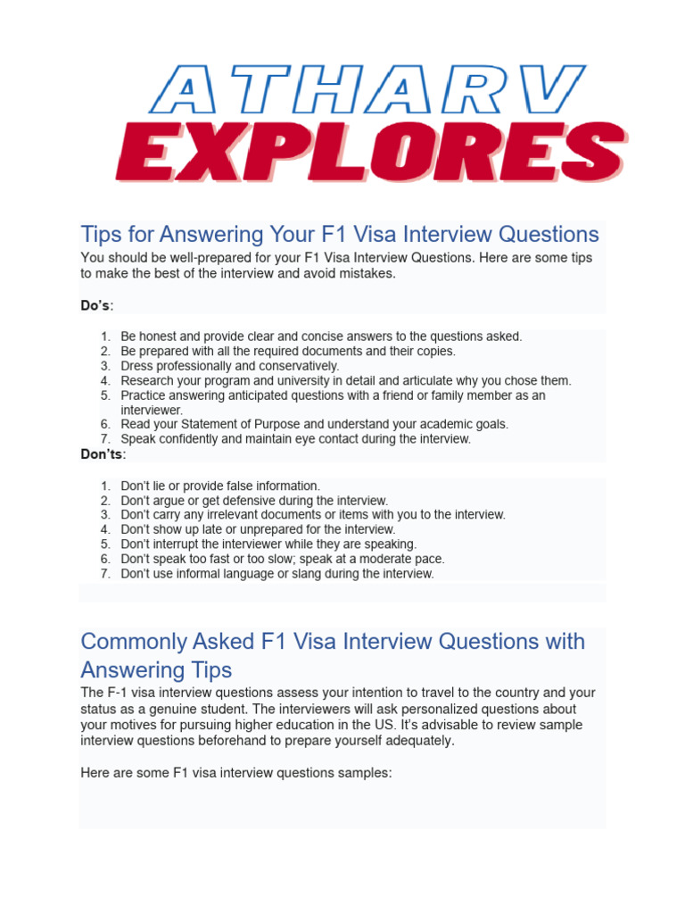 Tips For Answering Your F1 Visa Interview Questions | PDF ...